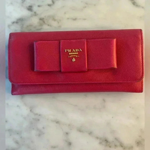 Prada | Bags | Authentic Prada Pink Saffiano Leather Ribbon Bow Bi Fold ...